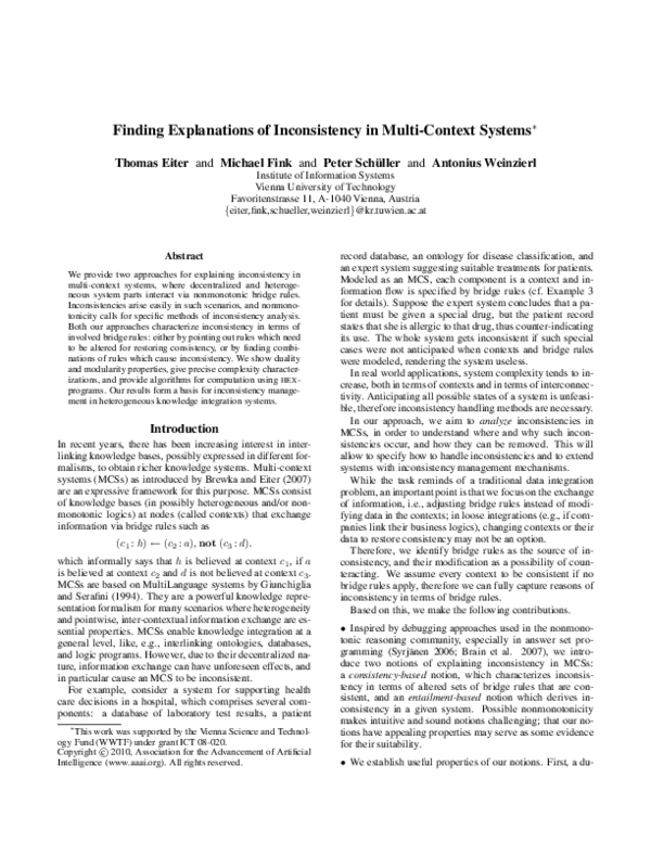 (PDF) Finding explanations of inconsistency in multi-context systems