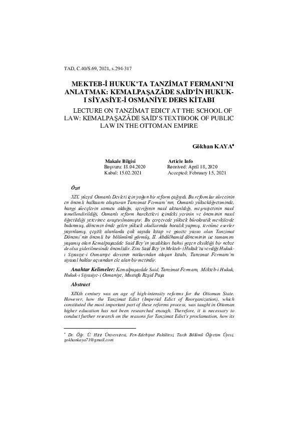 (PDF) MEKTEB-İ HUKUK'TA TANZİMAT FERMANI'NI ANLATMAK: KEMALPAŞAZÂDE ...
