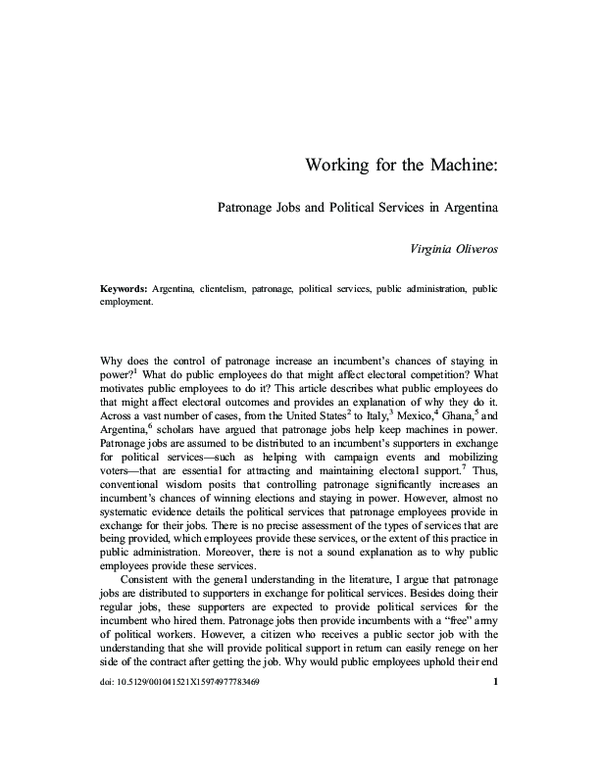 (PDF) Working for the Machine: Patronage Jobs and Political Services in ...