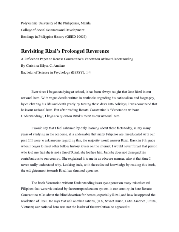(DOC) Revisiting Rizal's Prolonged Reverence: A Reflection Paper on ...