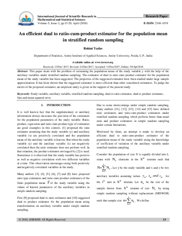 Pdf An Efficient Dual To Ratio Cum Product Estimator For The Population Mean In Stratified