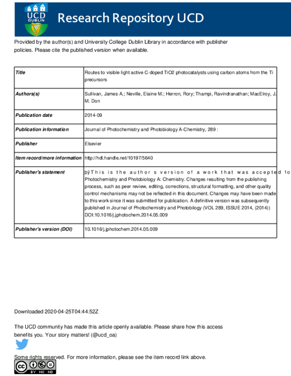 Pdf Routes To Visible Light Active C Doped Tio2 Photocatalysts Using