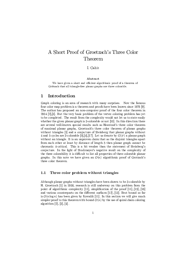 (PDF) A Short Proof of Groetzsch’s Three Color Theorem