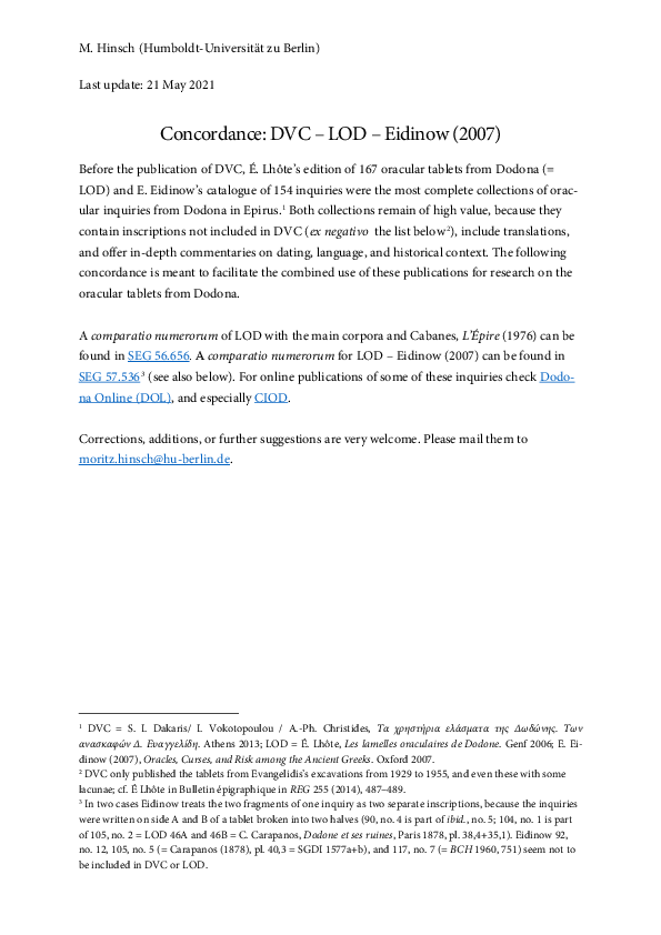 (PDF) Oracular Tablets from Dodona: Concordance for DVC, LOD and Eidinow