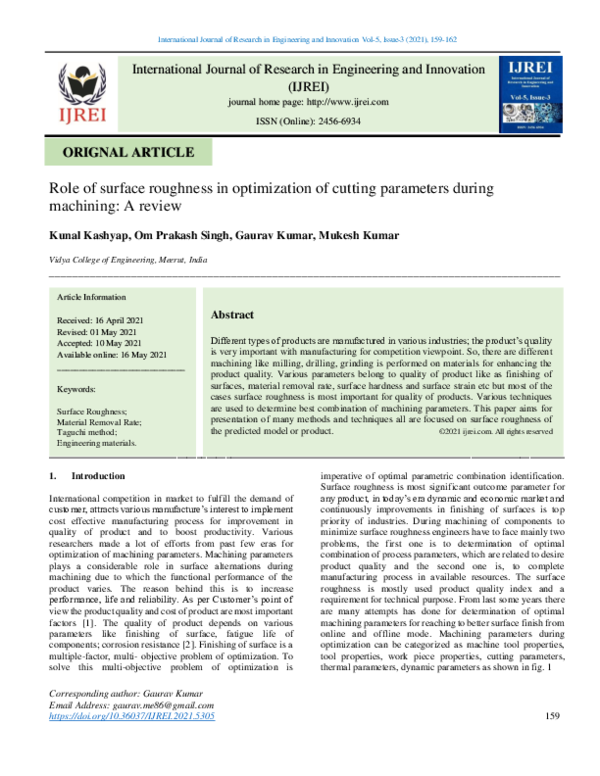 Pdf Role Of Surface Roughness In Optimization Of Cutting Parameters
