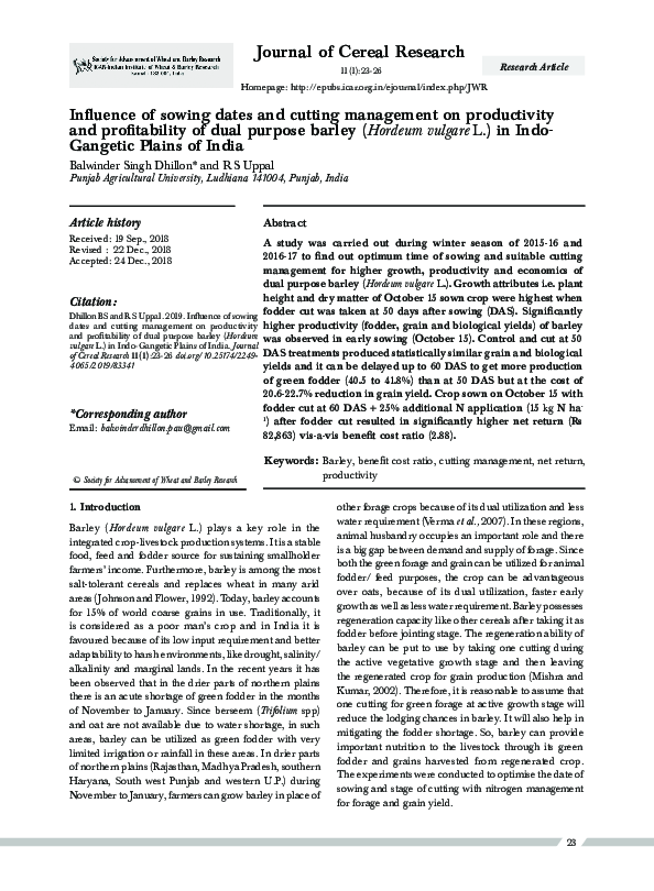 Pdf Influence Of Sowing Dates And Cutting Management On Productivity