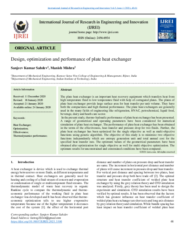 (PDF) Design, optimization and performance of plate heat exchanger