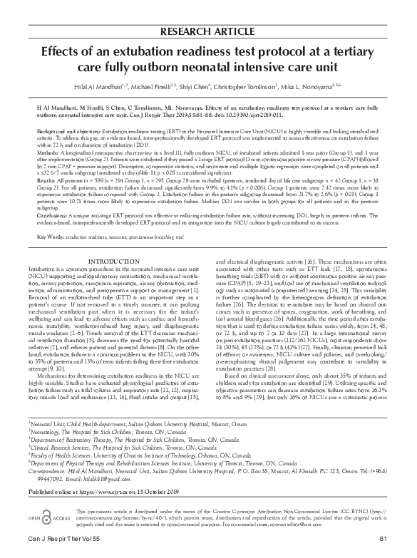 (PDF) Effects of an extubation readiness test protocol at a tertiary ...