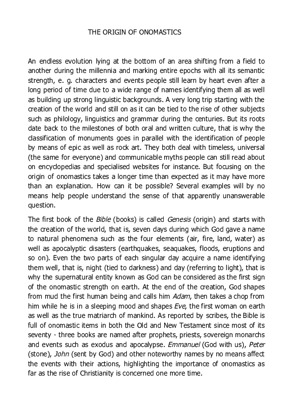 (PDF) THE ORIGIN OF ONOMASTICS