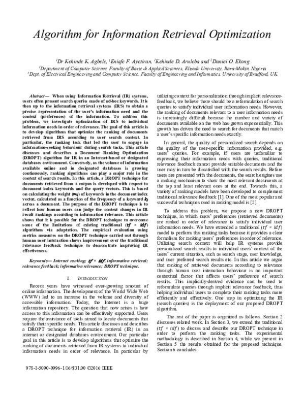 (PDF) Algorithm for Information Retrieval optimization