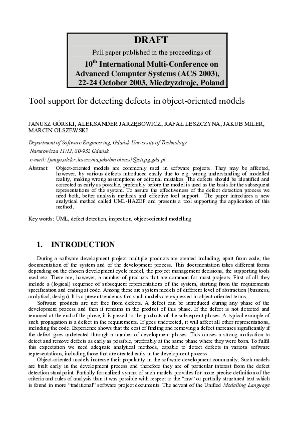 Pdf Tool Support For Detecting Defects In Object Oriented Models