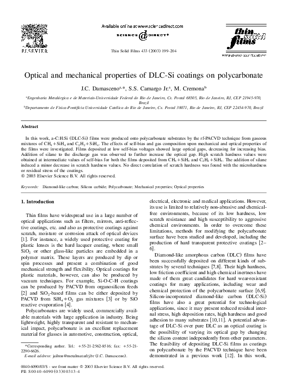 (PDF) Optical and mechanical properties of DLC-Si coatings on polycarbonate