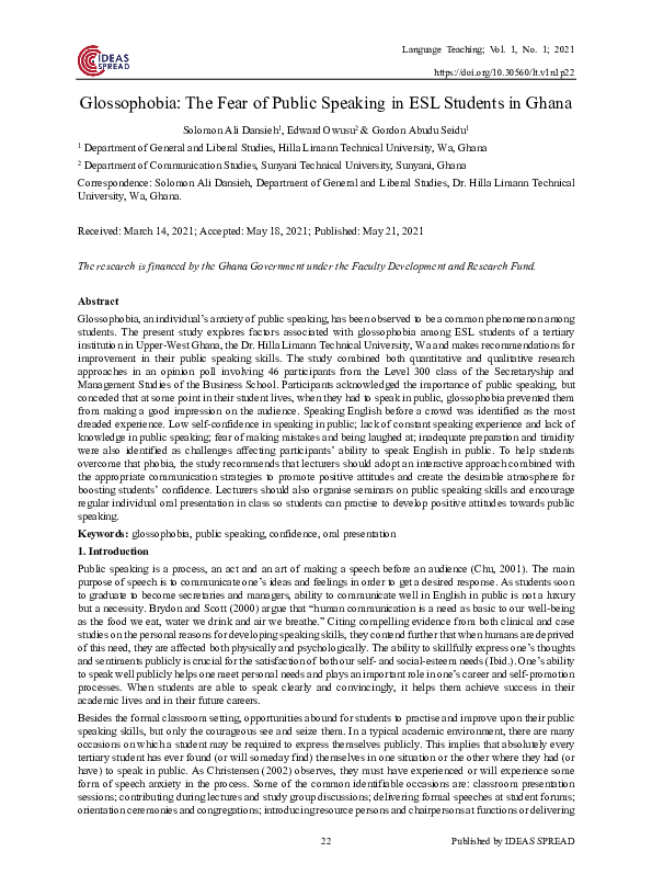 (PDF) Glossophobia: The Fear of Public Speaking in ESL Students in Ghana
