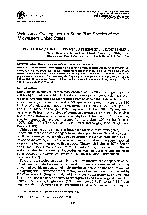 (PDF) Variation of Cyanogenesis in Some Plant Species of the Midwestern ...