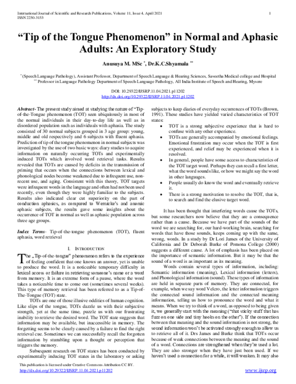(PDF) "Tip of the Tongue Phenomenon" in Normal and Aphasic Adults: An ...
