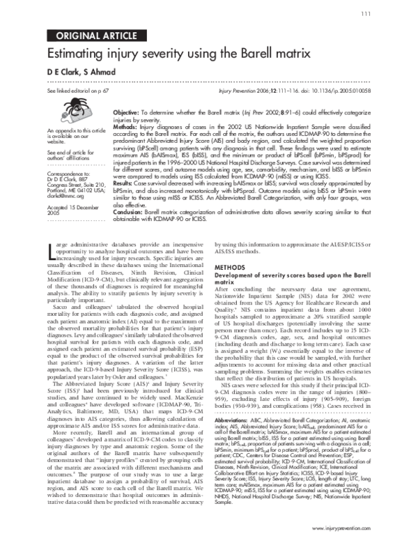 (PDF) Estimating injury severity using the Barell matrix