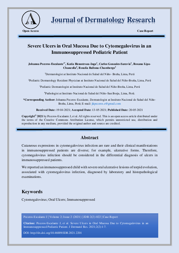 (PDF) Severe Ulcers in Oral Mucosa Due to Cytomegalovirus in an ...