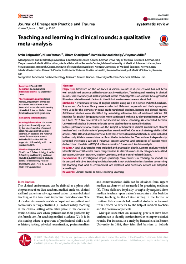 (PDF) Teaching and learning in clinical rounds: a qualitative meta-analysis