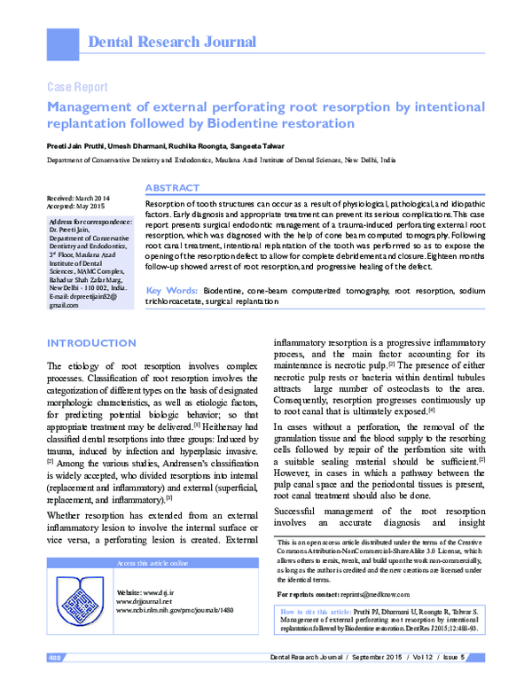 (PDF) Management of external perforating root resorption by intentional ...