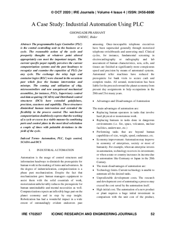 (PDF) A Case Study: Industrial Automation Using PLC