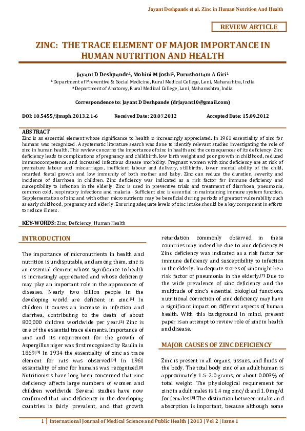 (PDF) Zinc: The trace element of major importance in human nutrition ...