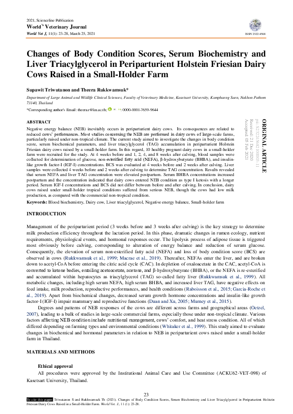 (PDF) Changes of Body Condition Scores, Serum Biochemistry and Liver Triacylglycerol in ...