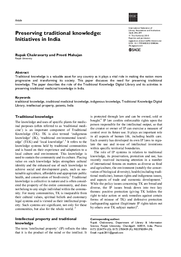 (PDF) Preserving traditional knowledge: Initiatives in India
