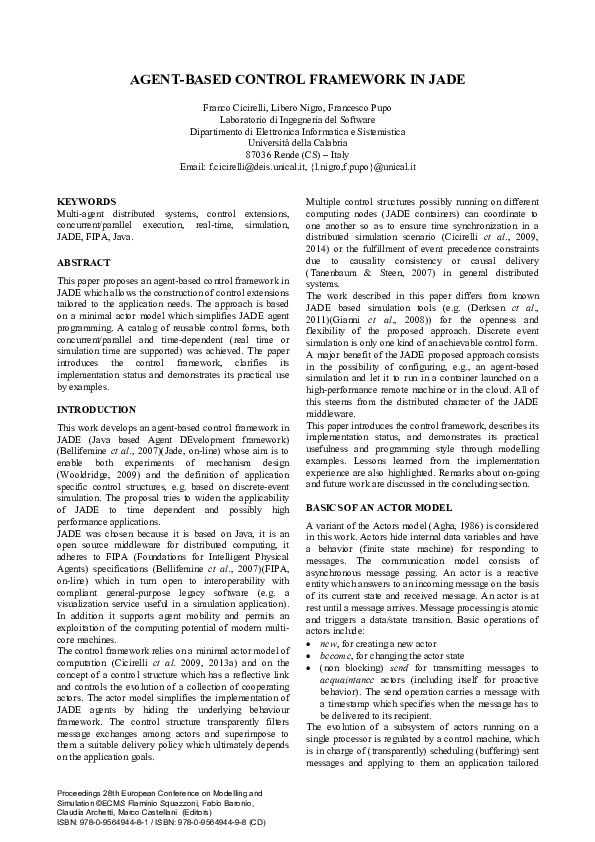 (PDF) Agent-Based Control Framework In Jade