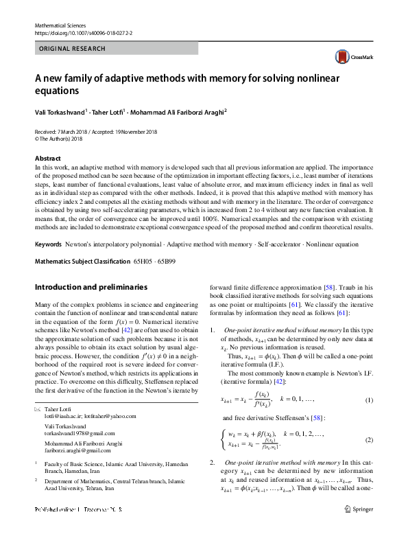 (PDF) A new family of adaptive methods with memory for solving nonlinear equations