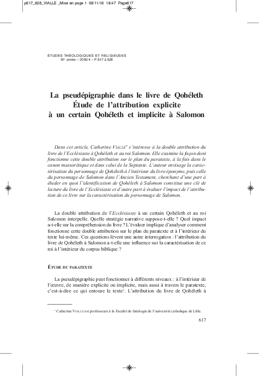 (PDF) La pseudépigraphie dans le livre de Qohéleth. Étude de l’attribution explicite à un ...