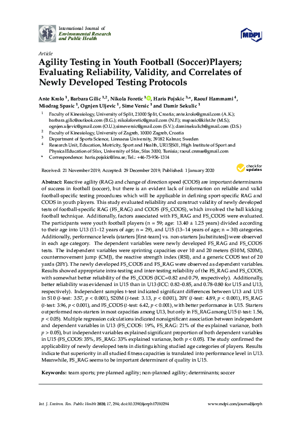 (PDF) Agility Testing in Youth Football (Soccer)Players; Evaluating ...