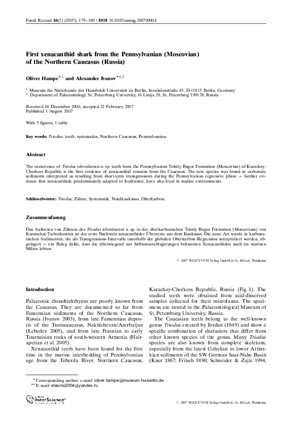 (PDF) First xenacanthid shark from the Pennsylvanian (Moscovian) of the ...
