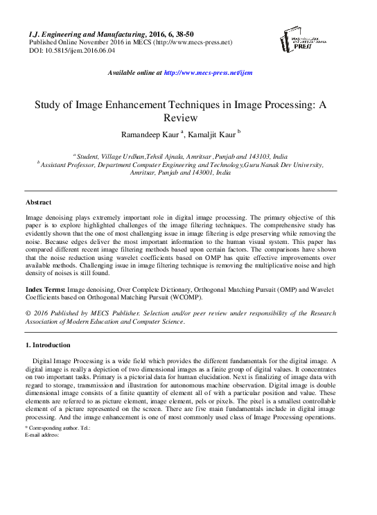 (PDF) Study of Image Enhancement Techniques in Image Processing: A Review