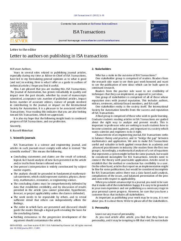 (PDF) Letter to authors on publishing in ISA transactions