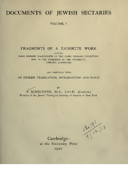 (PDF) *Documents of Jewish Sectaries, vol. 1: Fragments of a Zadokite ...