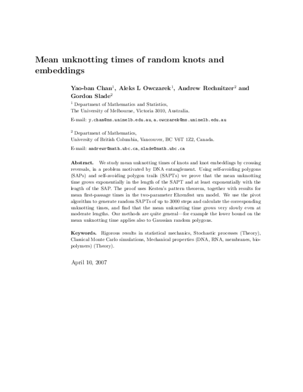 (PDF) Mean unknotting times of random knots and embeddings