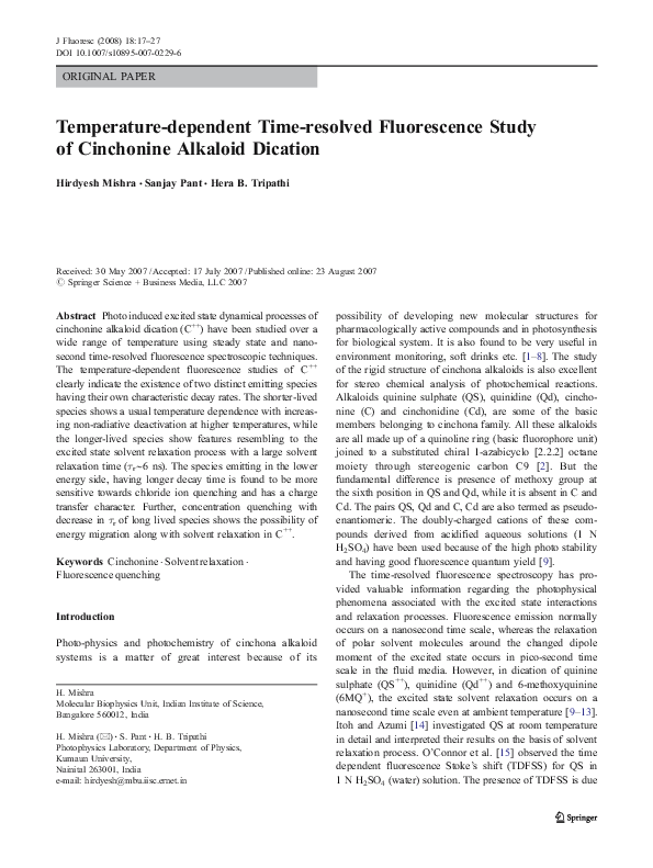 (PDF) Temperature-dependent Time-resolved Fluorescence Study of Cinchonine Alkaloid Dication