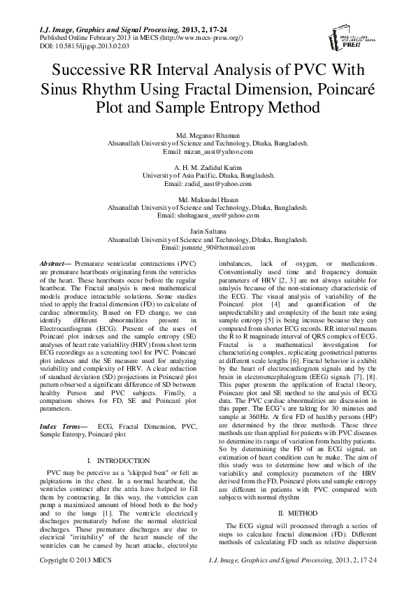 (PDF) Successive RR Interval Analysis of PVC With Sinus Rhythm Using Fractal Dimension, Poincaré ...