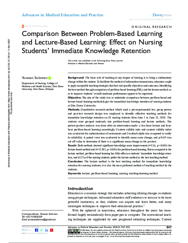 Pdf Comparison Between Problem Based Learning And Lecture Based