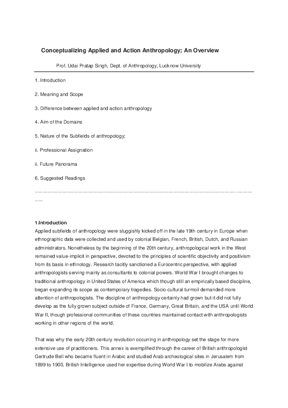 (PDF) Conceptualizing Applied and Action Anthropology; An Overview