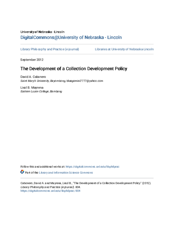 (PDF) The Development of a Collection Development Policy