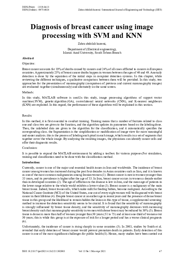 (PDF) Diagnosis of breast cancer using image processing with SVM and KNN