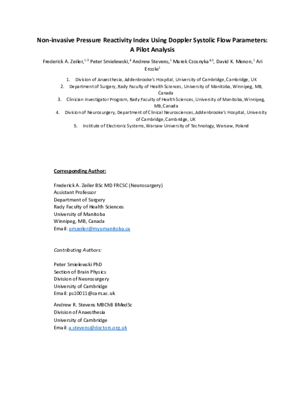(PDF) Non-Invasive Pressure Reactivity Index Using Doppler Systolic ...