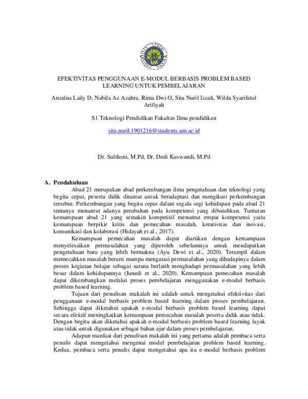 (PDF) EFEKTIVITAS PENGGUNAAN E-MODUL BERBASIS PROBLEM BASED LEARNING ...