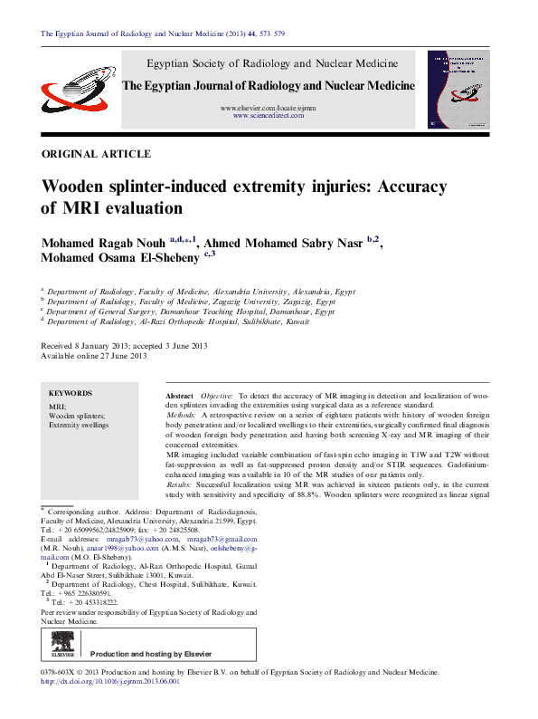 (PDF) Wooden splinter-induced extremity injuries: Accuracy of MRI ...