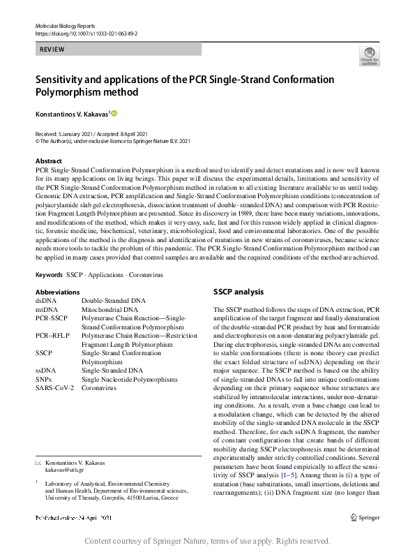 Pdf Sensitivity And Applications Of The Pcr Single Strand Conformation Polymorphism Method