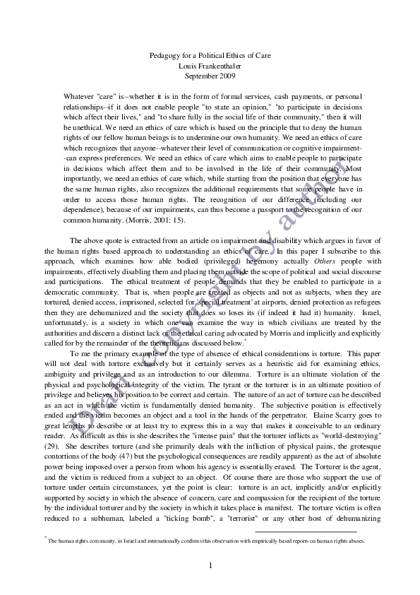 (PDF) A Pedagogy of a political ethics of care