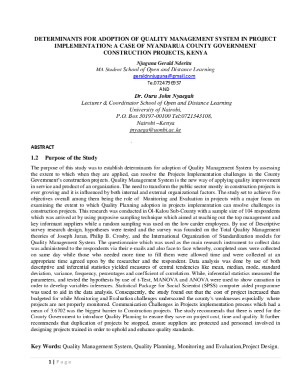 Pdf Determinants For Adoption Of Quality Management System In Project Implementation A Case