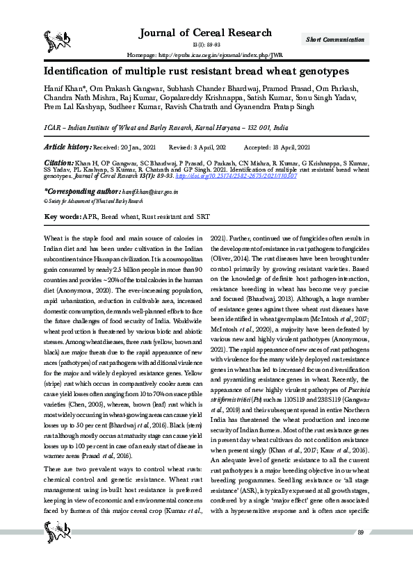 Pdf Identification Of Multiple Rust Resistant Bread Wheat Genotypes