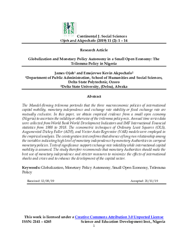 (PDF) Globalization and Monetary Policy Autonomy in a Small Open ...